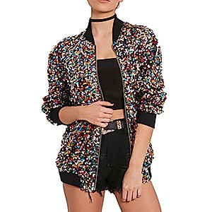 Cresay Women's Sequin Fitted Long Sleeve Zipper Blazer Bomber Jacket Rainbow 3XL