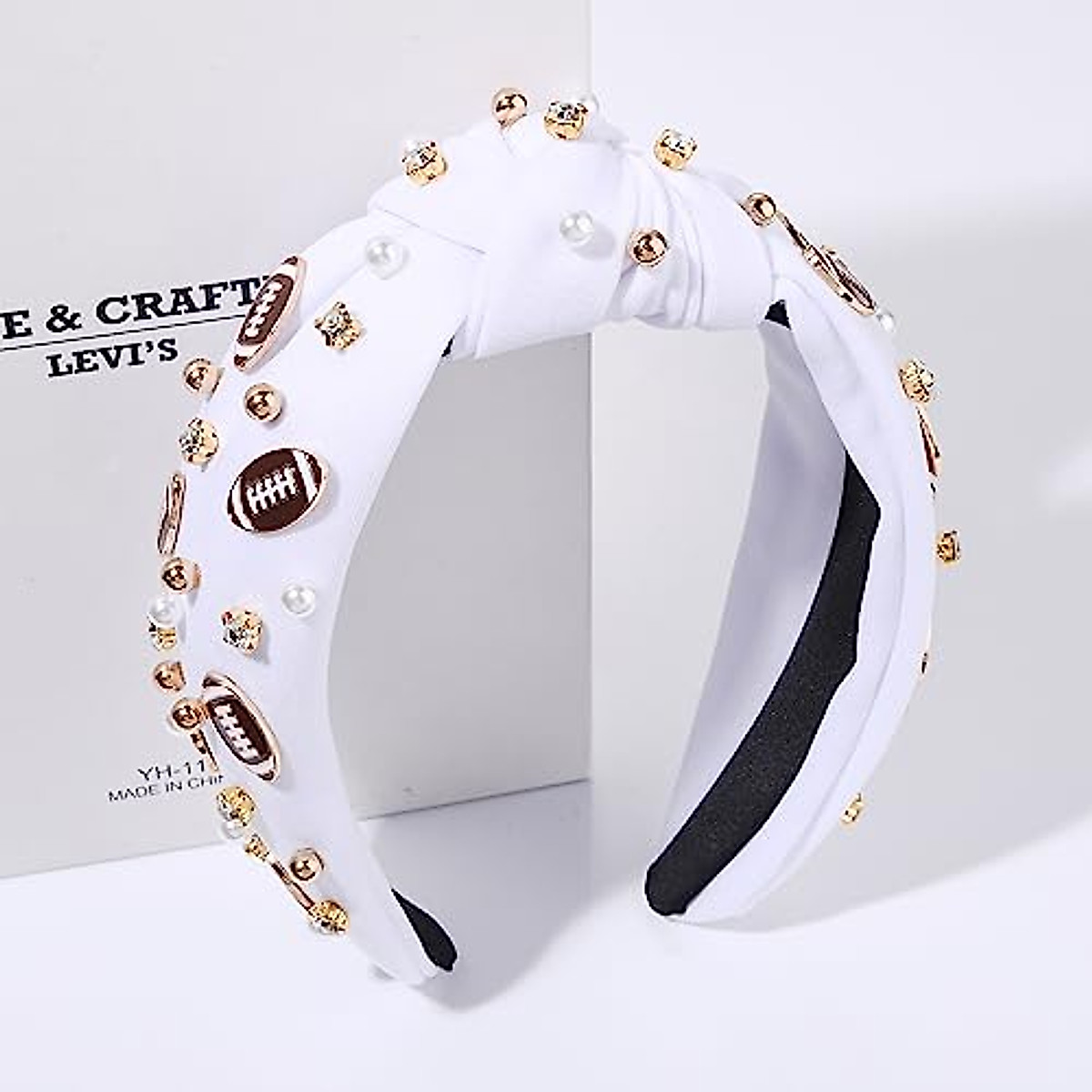 Football Headband Pearl Rhinestone Jeweled Knotted Headband Fun Sports White Hot Pink Black Blue Football Embellished Wide Top Knot Hairband Headpiece Game Day Sports Hair Accessories Gift for Football Mom Fans (white football headband)