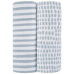 Ely’s & Co. Patent Pending Waterproof Crib│Toddler Bed Sheet 2-Pack Set for Baby Boy - 100% Cotton, Jersey Knit Cotton Sheets with Waterproof Lining — Misty Blue, Stripes and Splashes