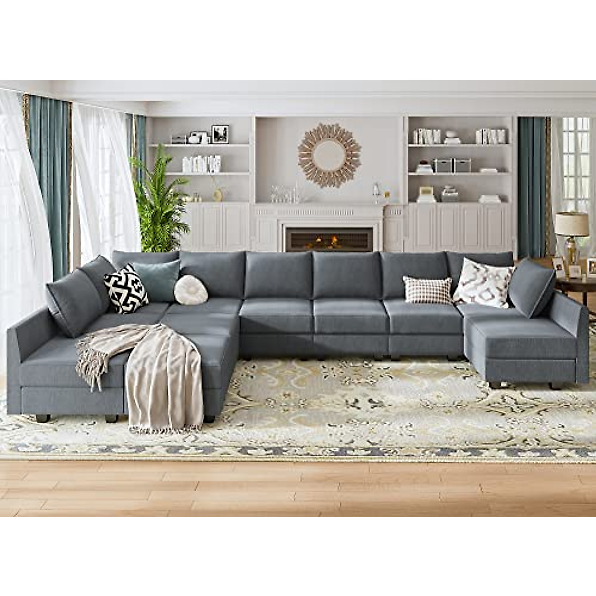 HONBAY Convertible U Shaped Modular Sofa Sectional Modular Couch with Chaise Oversized Sofa Sleeper Couch for Large Living Room, Bluish Grey