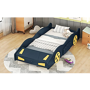 Twin Size Race Car-Shaped Platform Bed Frame for Boys Girls Kids Adults Toddler with Wheels and Storage, Dark Blue+Yellow