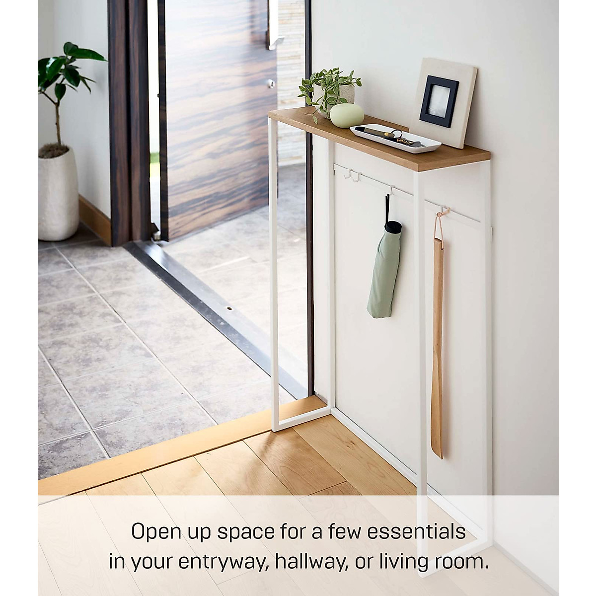 Yamazaki Home Modern Slim Console Table, Slim Narrow Accent Table for Entryway Or Living Room, Metal and Wood Skinny Hallway or Sofa Table Steel One Size White