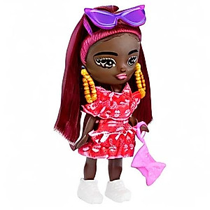 Barbie Extra Mini Minis Doll with Burgundy Hair, Red Ruffle Dress, Sunglasses & Accessories & Stand, 3.25-inch