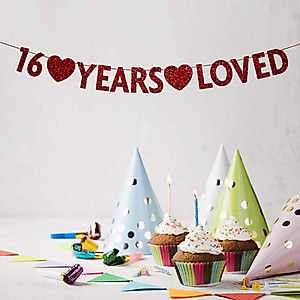 Red 16 Year Loved Banner, Red Glitter Happy 16th Birthday Party Decorations, Supplies