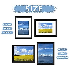 Picrit 11x14 Picture Frame Set of 7, Display 8 x 10 with Mat or 11 x 14 Without Mat, Photo Frames for Wall Mounting or Table Top Display, Black.