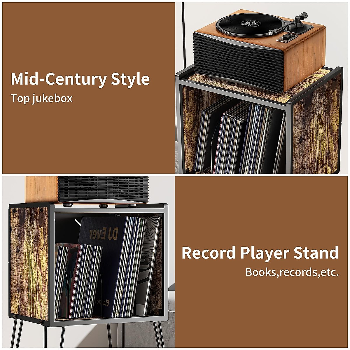 RUILALIFE Record Player Stand Table with Vinyl Holder, 3 Tier Turntable Stand with Albums Storage Shelf，Small Side Tables for Small Spaces, End Table with Drawer for Bedroom Living Room (Cabinet)