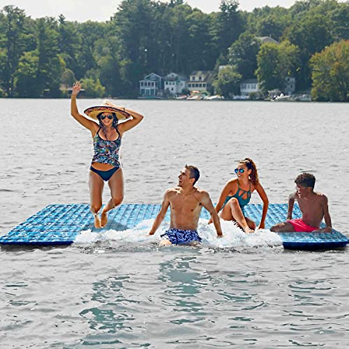 Aqua Supersized  Floating Water Mat – Heavy Duty Floating Island Pad with Expandable Zippers – Navy/White Stripe