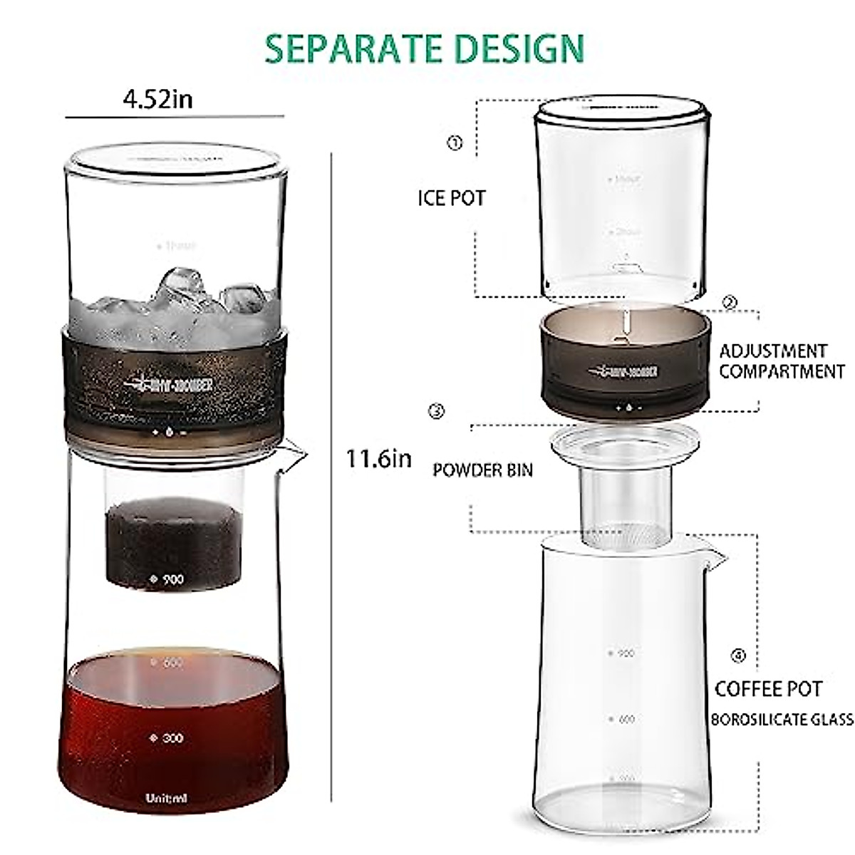 MHW-3BOMBER Cold Drip Coffee Maker Iced Brew Dripper Coffee Maker With Adjustable Water Flow Dutch Coffee,Borosilicate Glass 600ML 2-4Cup ID5900