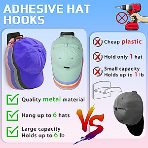 Hat Rack for Wall Hat Organizer (6-Pack), Metal Hat Racks for Baseball Caps, Adhesive Hat Hooks for Wall, No Drilling Hat Hangers for Closet Hat Holder Display, Sticky Hat Storage for Baseball Cap