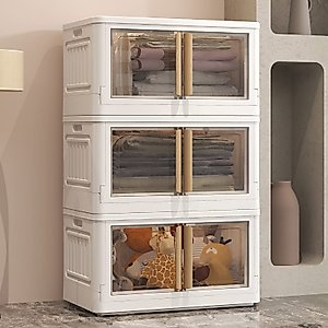 Storage bins with Lids - Plastic Storage bins,44 Quart Collapsible storage bins with Wheels,Double Door Stackable Closet Organizers,3 Pack Storage Boxs for Home,organization and storage Office