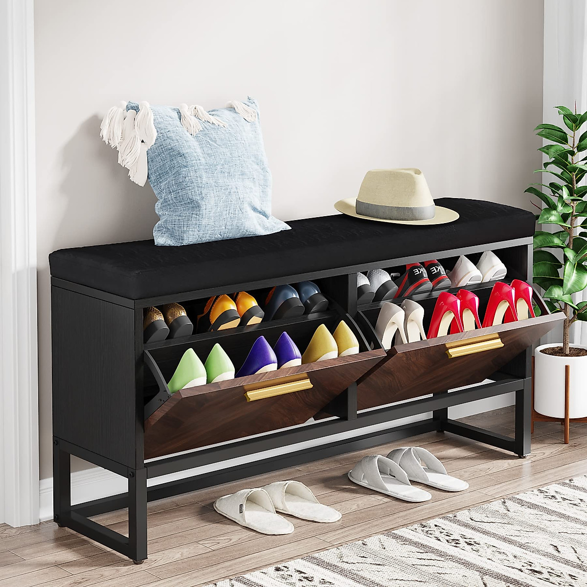 Tribesigns Storage Bench With Seat Cushion, Entryway Shoe Bench With 2 Flip Drawers, Hallway Cabinet, Hidden Organizer for Living Room, Bedroom, Mudroom, Black