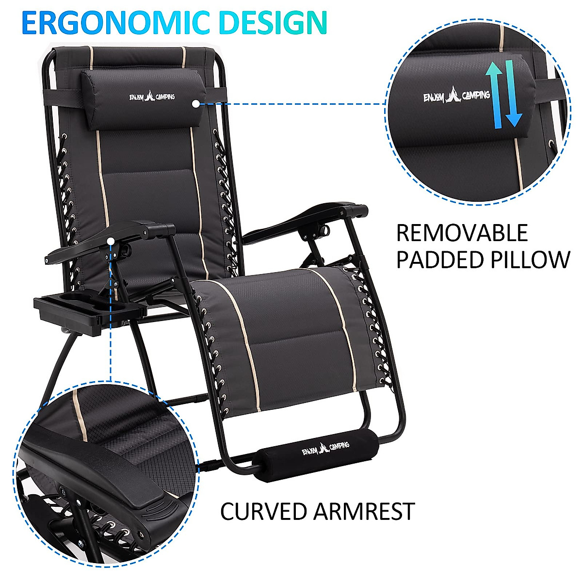 Amopatio Oversized Padded Zero Gravity Chair with Cup Holder, XXL 33" Wide Folding Reclining Lounge Chair with Footrest & Headrest for Indoor and Outdoor, Support 500LBS, Dark Grey