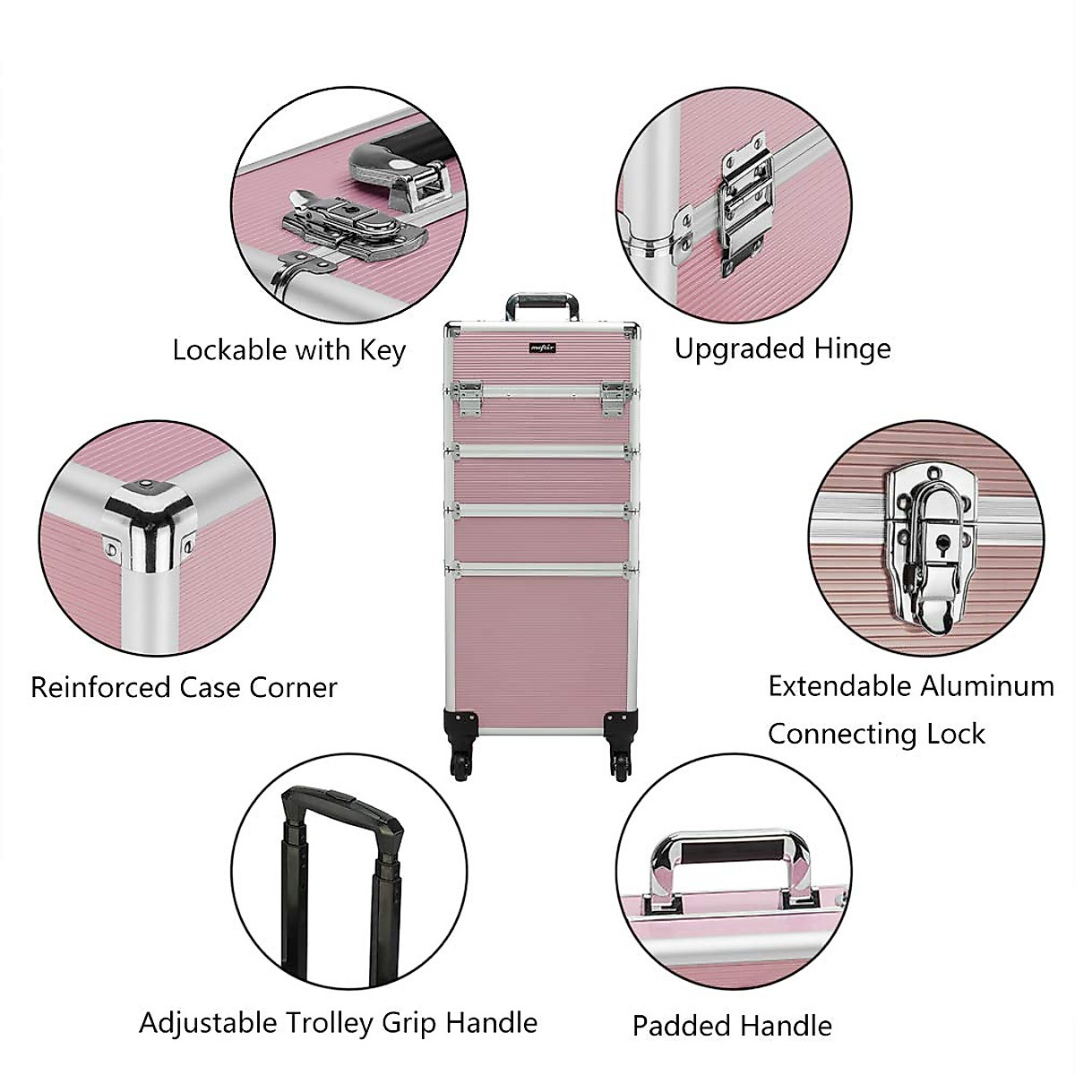 mefeir 4 in 1 Rolling Makeup Train Case, Aluminum Makeup Travel Organizer Cosmetic Case, Cosmetology Display Suitcase on Wheels, Beauty Storage Luggage Lockable w/4 Removable Wheels (Pink)