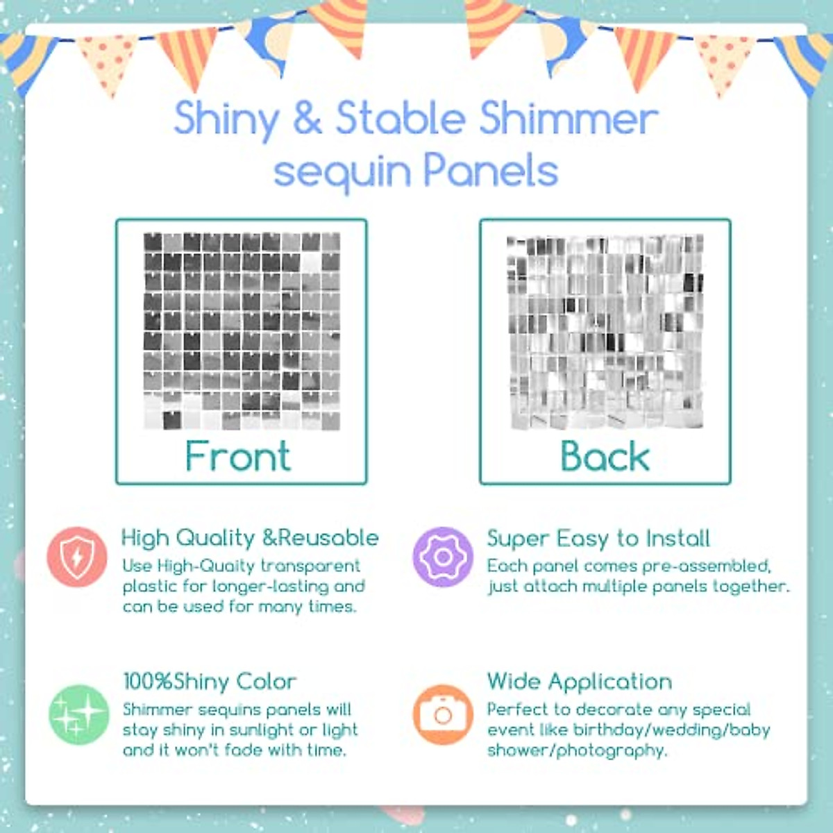 COKAOBE Silver Shimmer Wall Backdrop 24PCS Silver Sequins Backdrop Decoration Panels, Photo Backdrops for Birthday, Anniversary Wedding Engagement Decoration (Silver)