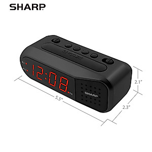 SHARP Digital Alarm Clock – Black Case with Red LEDs - Ascending Alarm Grows Increasing Louder, Gentle Wake Up Experience, Dual Alarm - Battery Back-up, Easy to Use with Simple Operation