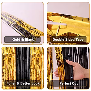 PIGETALE, 2 Pack 3.2x8.2 Feet Black and Gold Tinsel Backdrop Party Decorations, Foil Fringe Curtains Backdrop for Birthday Graduation Wedding Engagement Bridal