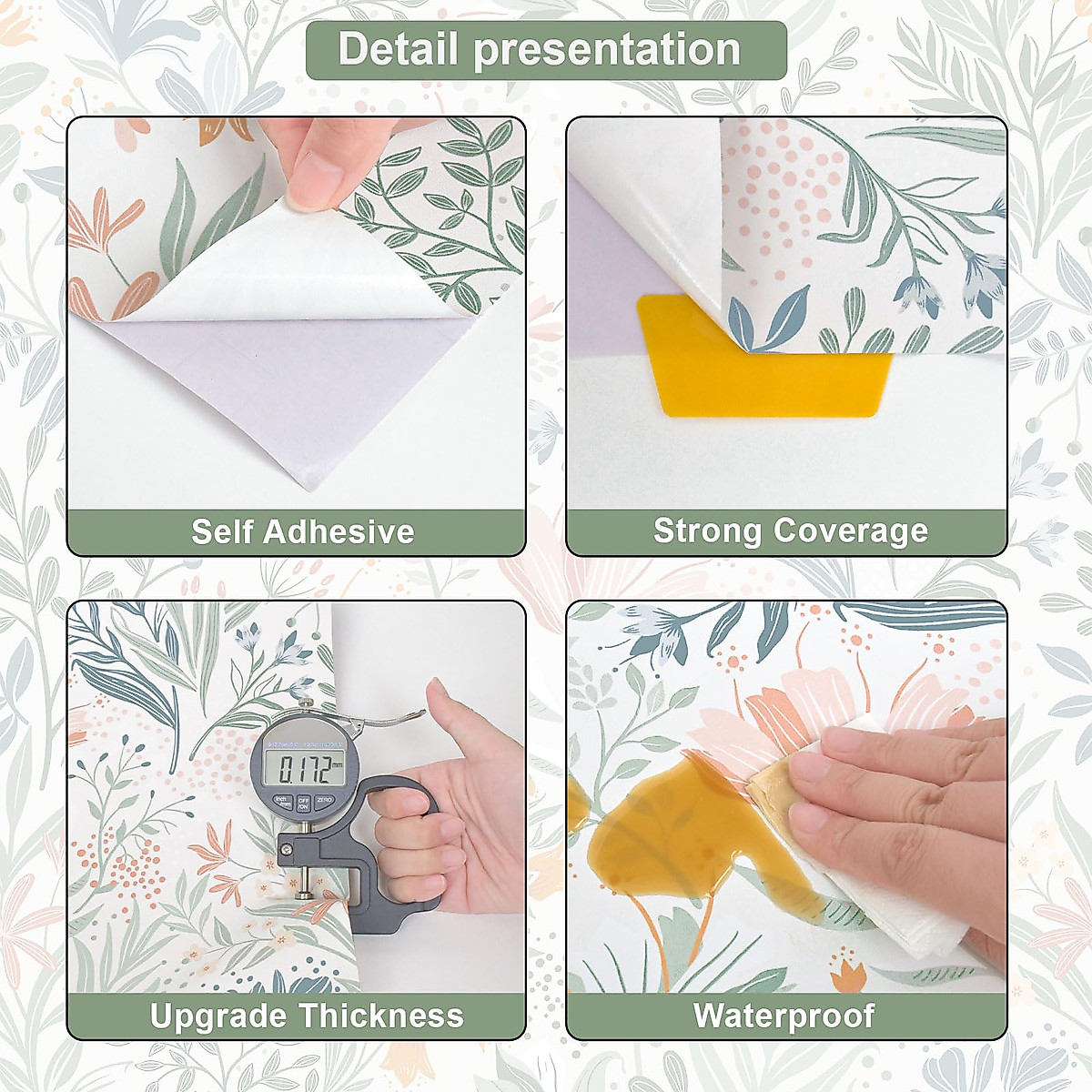 Fititem Floral Peel and Stick Wallpaper Floral Boho Contact Paper Flower Wallpaper Removable Self Adhesive Wallpaper Wildflower Botanical Nursery Wallpaper Bedroom Bathroom Waterproof Leaf 17.3”×78.7”