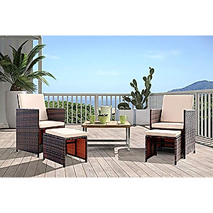KaiMeng 4 Pieces Patio Furniture Space Saving Outdoor Brown Black Wicker Rattan Dining Sofa Chairs Cushioned Balcony Porch Sets with Ottomans (Beige)