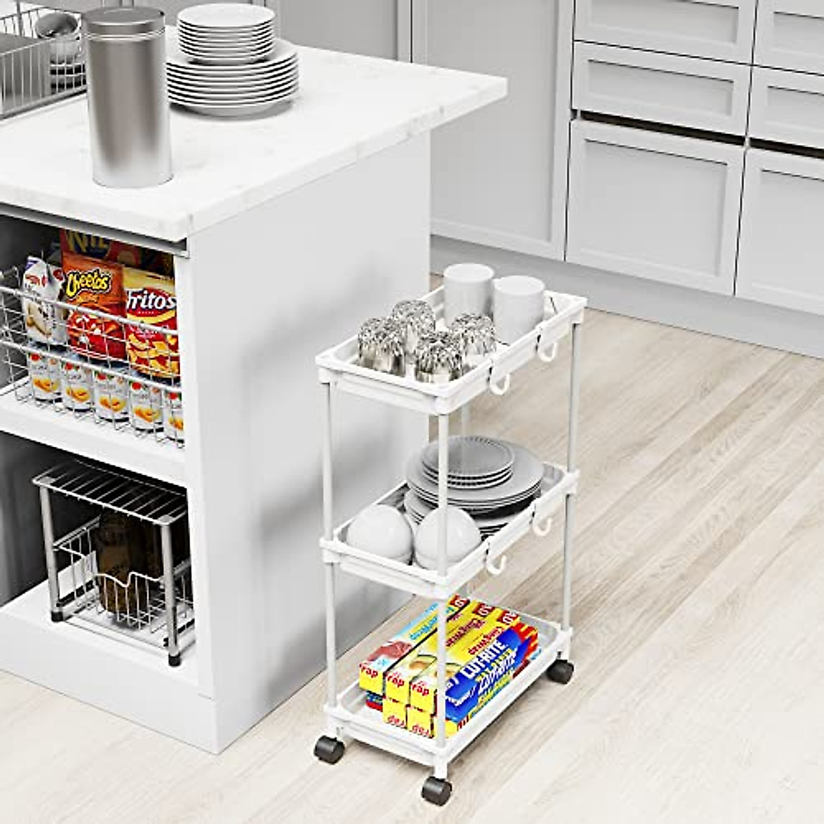 SimpleHouseware Standard 3-Tier Slim Rolling Storage Cart, White