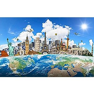 Global Travel Photo Backdrop 7X5ft Landmark On Earth Polyester Washable and ironable Around The World Party Decoration Photography Background Props BT014