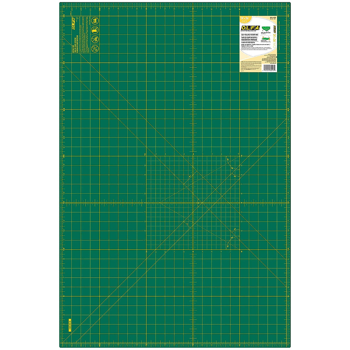 OLFA 24" x 36" Self Healing Rotary Cutting Mat (RM-MG) - Double Sided 24x36 Inch Cutting Mat with Grid for Quilting, Sewing, Fabric, & Crafts, Designed for Use with Rotary Cutters (Green)