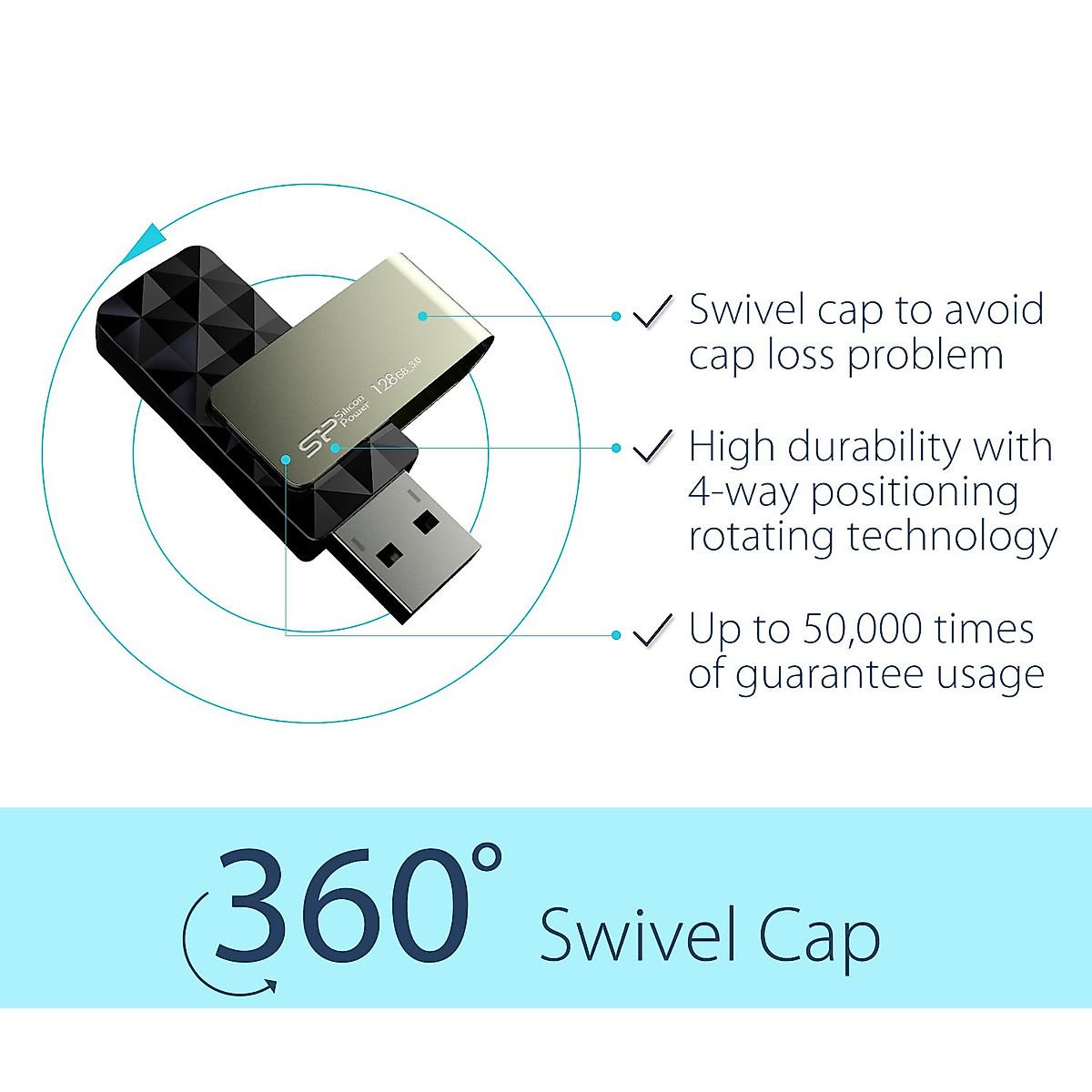Silicon Power 128GB Blaze B30 USB 3.0 Swivel Flash Drive, Black (SP128GBUF3B30V1K)