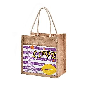 Tote Bag Valentine's Day Birthday Love Lip Striped Eiffel Tower Purple Jute Burlap Wedding Bridesmaid Gift Bag Grocery Storage Bag