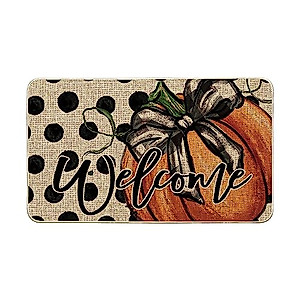 Artoid Mode Polka Dot Bow Tie Pumpkin Fall Welcome Doormat, Autumn Home Decor Low-Profile Switch Rug Door Mat Floor Mat for Indoor Outdoor 17x29 Inch