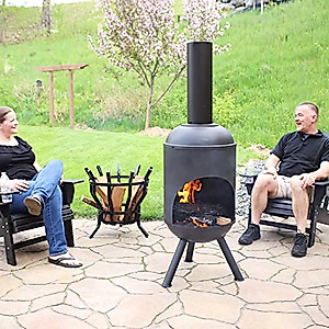 Sunnydaze 5-Foot Black Cold-Rolled Steel Modern Chiminea with Durable Wood Grate - Heat-Resistant Paint Finish