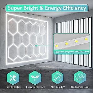 FAISHILAN Hexagon Lights: Higher Brightness 900W, 96,200 LM, 6,500K Hexagon Garage Lights with Rectangle Frame, Hexagon LED Lights 14 Grid for Garage, Shopping Mall, Workshop