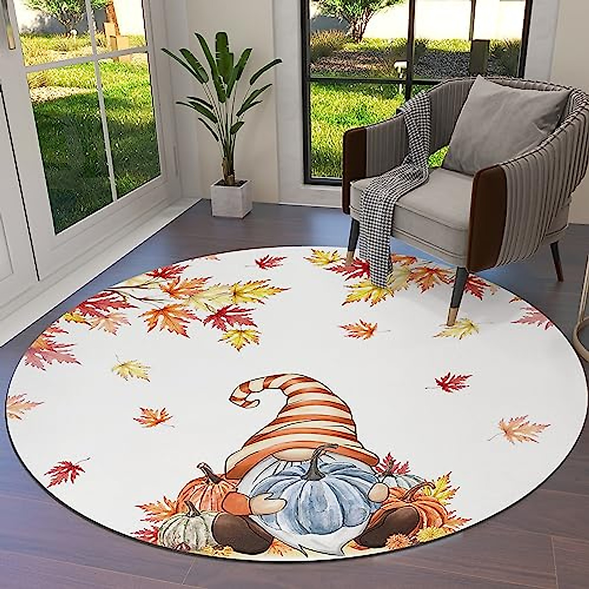 Large Round Area Rug for Living Room Bedroom, 3ft Non-Slip Rugs for Kids Room, Fall Thanksgiving Gnome with Pumpkin and Maple Leaves Washable Carpet Floor Mat for Home Nursery Room Decor