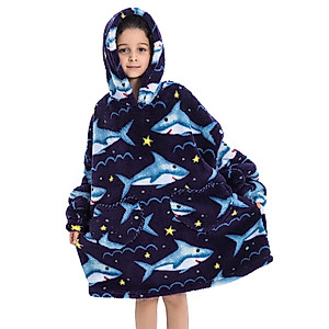 Wearable Blanket Hoodie for Kids Toddler Oversized Sweatshirt Cute Fleece Sherpa Blanket Girls Boys Shark 6-10 Year