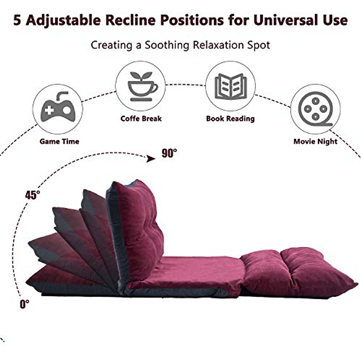 Merax Lazy Sofa Bed, Five Position Adjustable Folding Floor Couch with 2 Pillows, Futon Love Seat Sofa for Living Room, Bedroom, Stury Room (Burgundy)