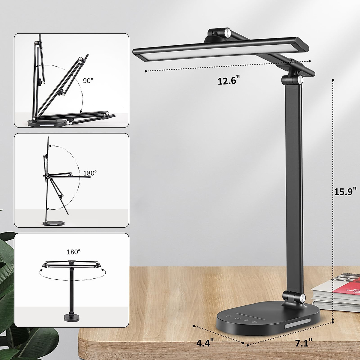 DALIVOL LED Desk Lamp Touch Desk Lamps with 5 Levels Brightness, Dimmable Office Reading Lamp with Adjustable Arm Foldable Table Desk Lamp for Bedroom Bedside Office Study, 3000-6500K(Black)