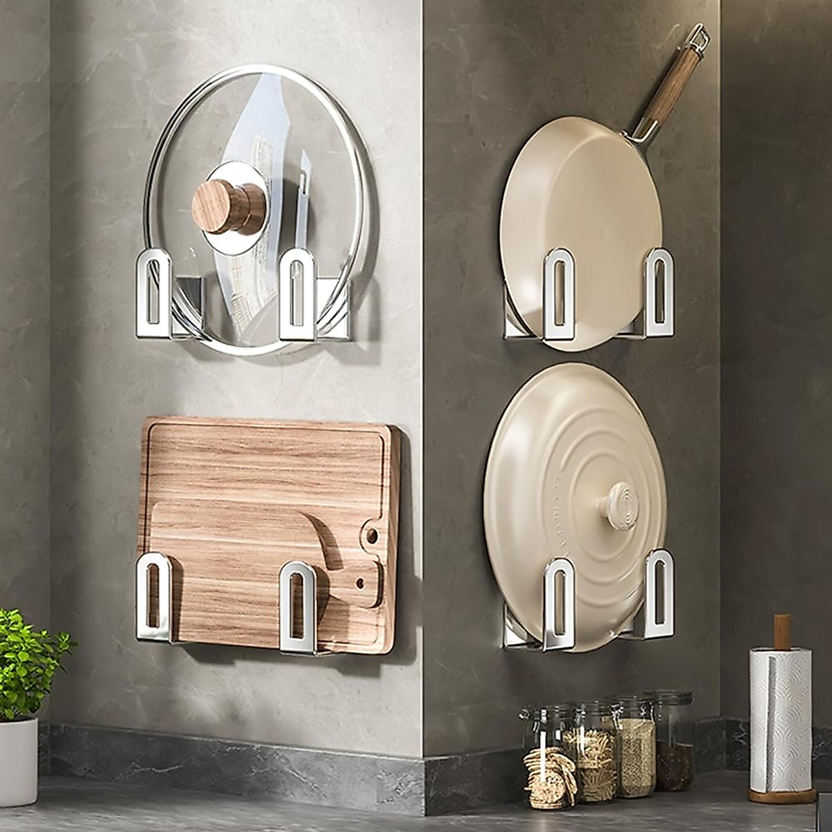 Self Adhesive Stainless Steel Pan Cover Racks ,Pantry Organization Rack, Cutting Board Storage , Pot Lid Holder