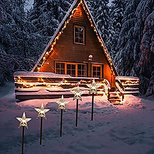 Rehenbsem Solar Christmas Lights Outdoor,5PCS Energy Saving Waterproof Solar Powered Stake Lights,2-Lighting Modes Christmas Decorations Garden Stake for Pathway, Lawn, Yard Decor (Star)