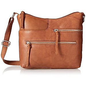 Bueno of California GAL Antique Leather Double Zip Shoulder Bag, Tan