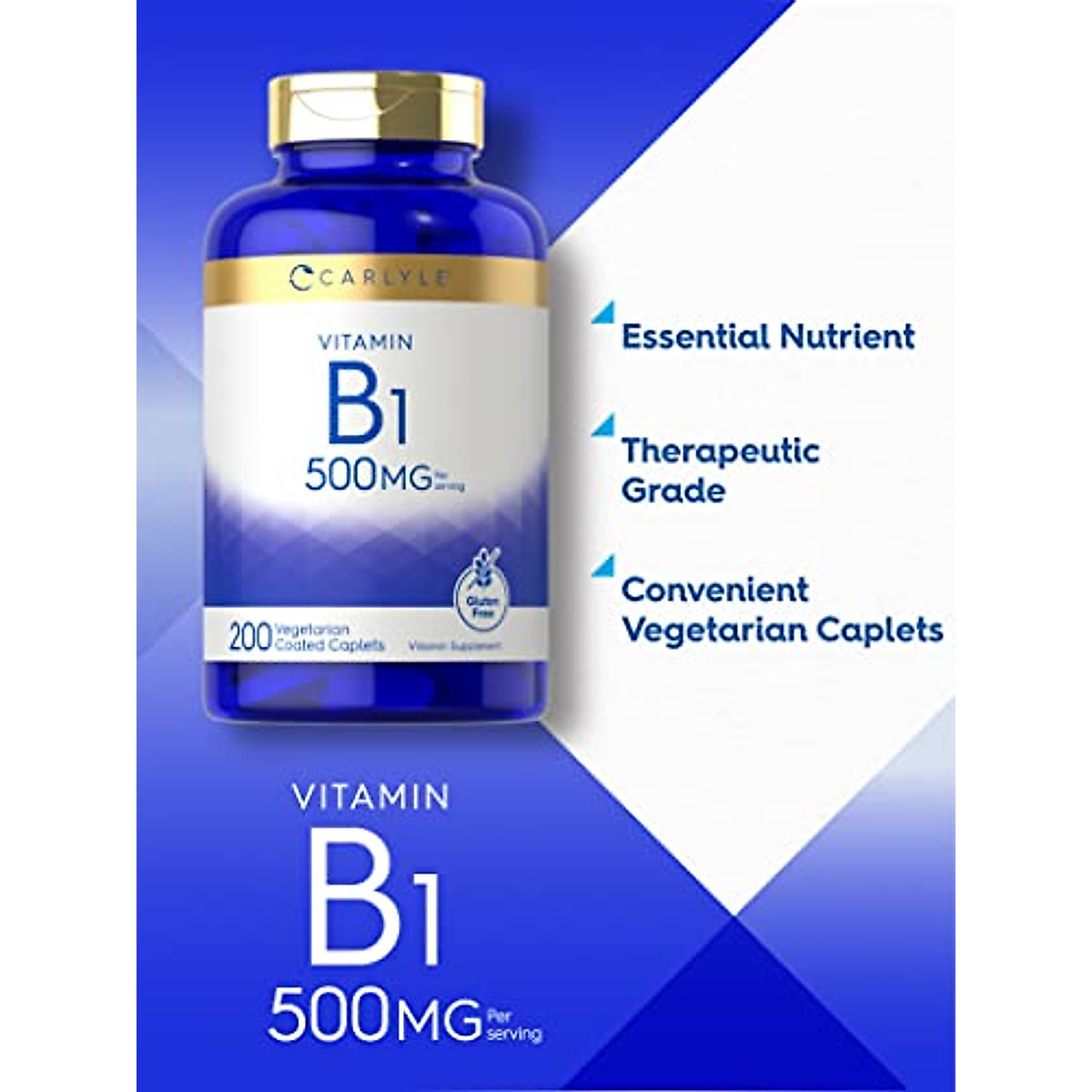 Carlyle Vitamin B1 500mg (Thiamine) | 200 Vegetarian Caplets | Non-GMO and Gluten Free Supplement