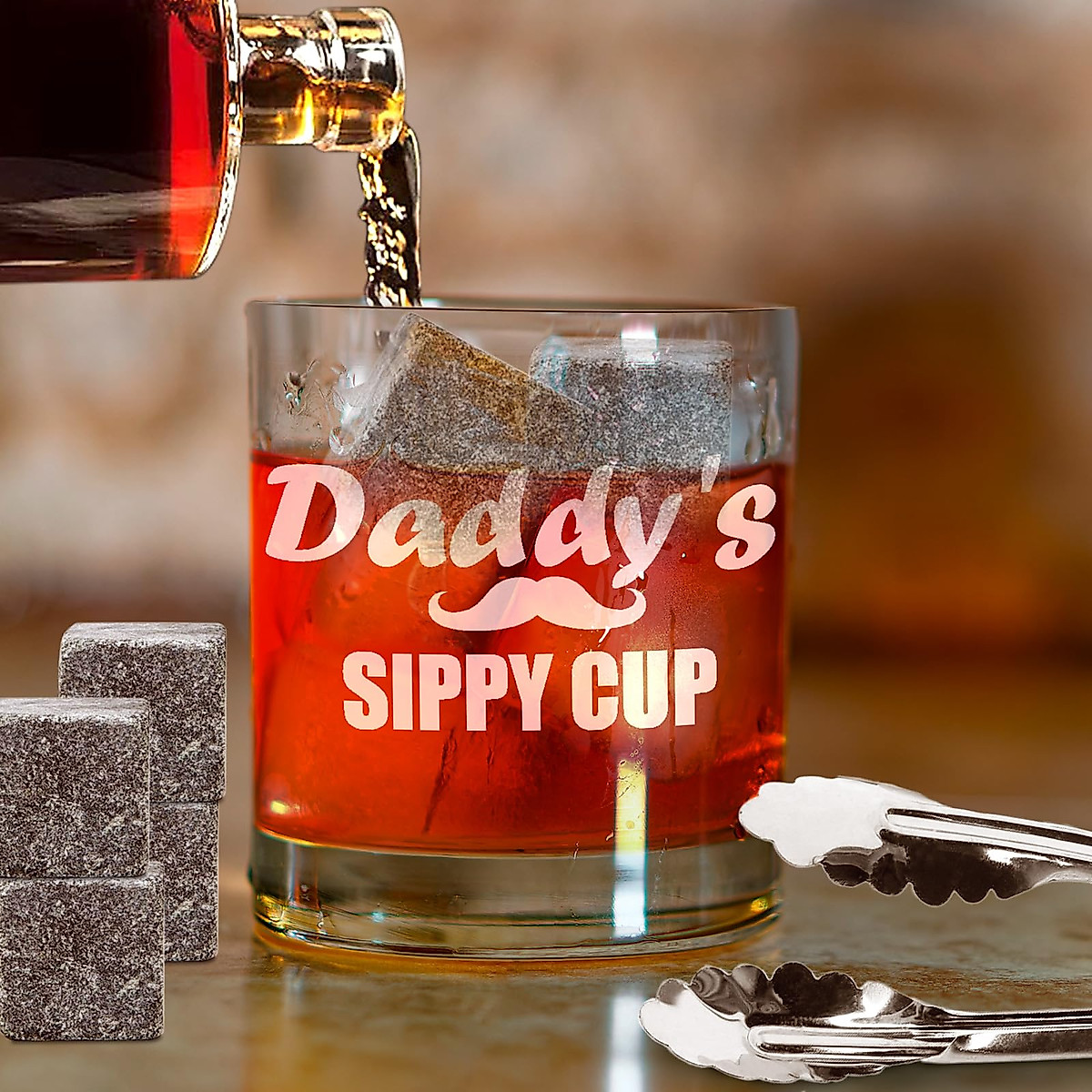 EBGRF Daddy's Sippy Cup Whiskey Glass - Funny Gifts for New Dad, from Wife - 11oz Whiskey Glass & 4 Whisky Stones Sets for First Father's Day, Birthday