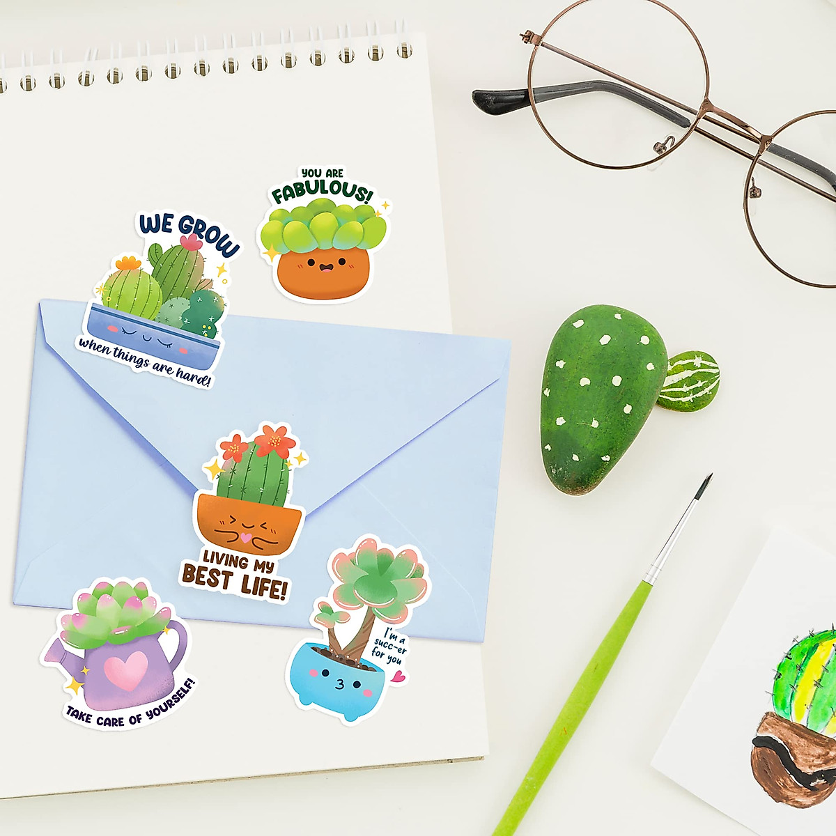 Navy Peony Lovable Cactus and Succulent Stickers (25pcs) - Waterproof, Child Proof House Plant Quote Stickers for Kids Craft, Laptop, Party Favors