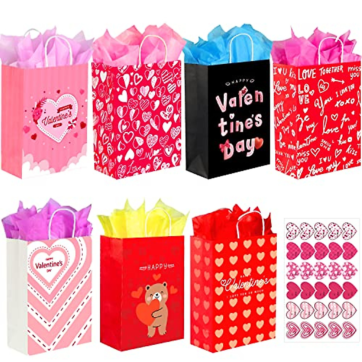 GITMIWS Valentines Day Paper Gift Bags - 28pcs Valentines Bags With Sticks,Sturdy Wrapping Kraft Bags with Handle for Valentines Party Supply, Valentines Gifts Packing