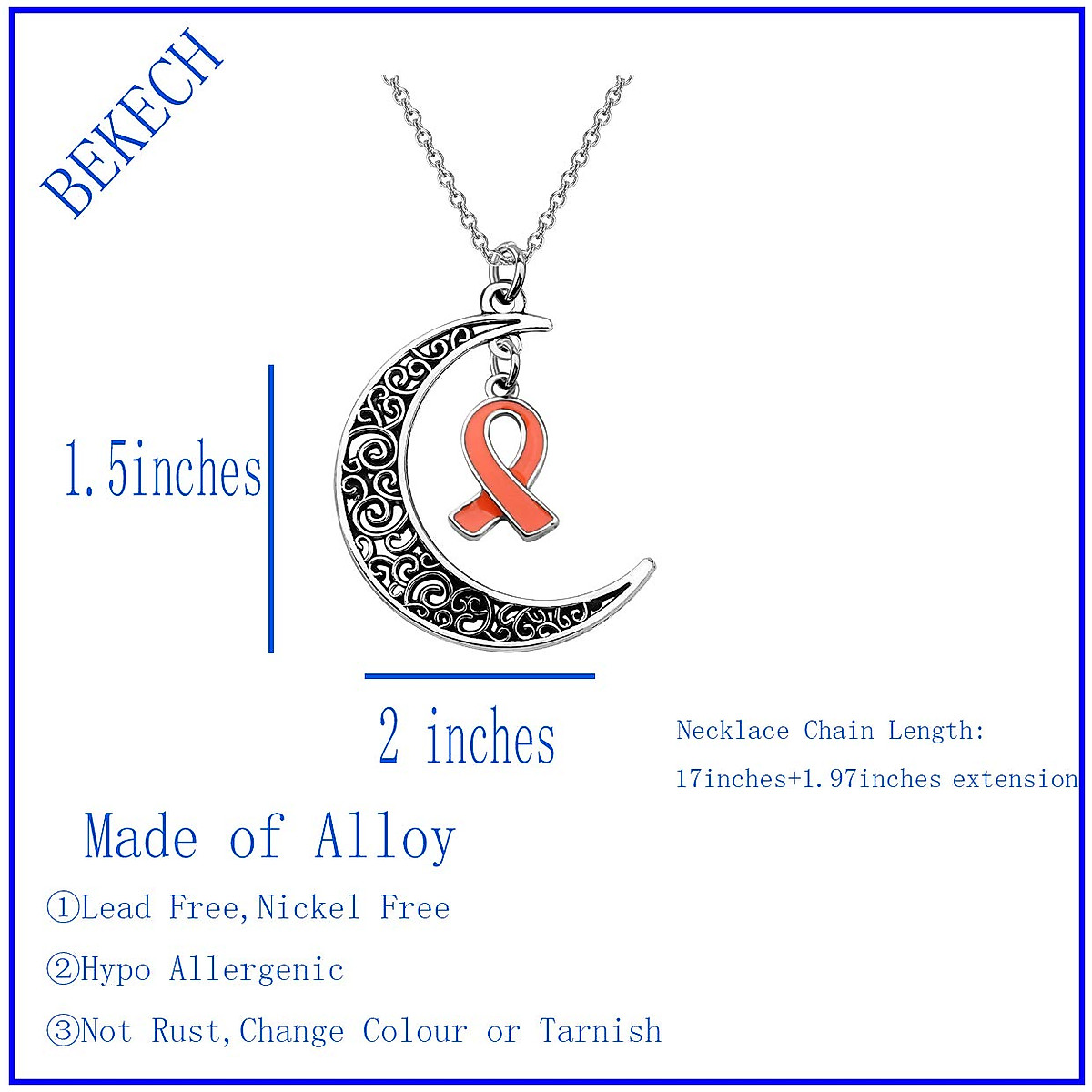 BEKECH Multiple Sclerosis MS Awareness Gift Orange Ribbon Crescent Moon Charm ADHD Awareness Necklace for MS Warrior