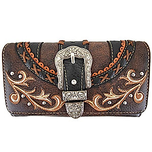 Western Style Tooled Buckle Women Country Backpack School Bag Concealed Carry Daypack Biker Purse Wallet (Coffee Set)