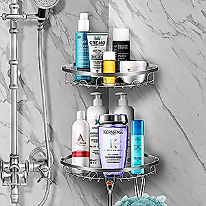 AJayHao 2-Pack Corner Shower Caddy Shelf With Inside Hooks, Wall Mounted Rustproof Bathroom Organizer Basket, No Drilling Traceless Adhesive,304 Stainless Steel Storage Rack.