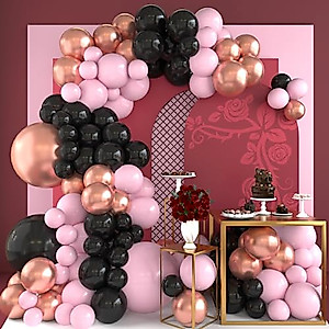 Pink and Black Balloon Arch Kit, Light Pink and Black Balloons Garland with Metallic Rose Gold Balloons, Baby Pink Balloons for Girls Women Birthday Bachelorette Princess Party Decorations