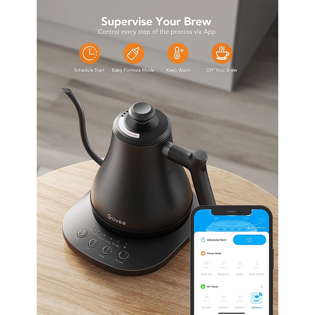 Govee Smart Electric Kettle, WiFi Variable Temperature Control Gooseneck Kettle, Pour Over Kettle and Tea Kettle, Alexa Control, 1200W Quick Heating, 100% Stainless Steel, 0.8L, Matte Black
