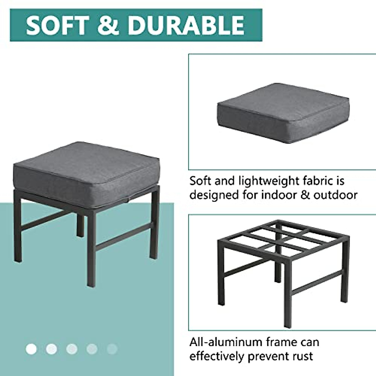 Auzfy 2 Pieces Outdoor Ottomans for Patio Set, Assembled Aluminum Outdoor Footstool with Gray Cushions, Small Seat Furniture for Porch Yard Garden Deck, Grey Frame