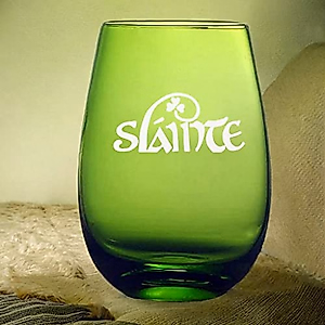Christmas Gifts for Irish Men Women, Slainte Irish Cheers Etched Stemless Green Wine Glass,14 Ounces