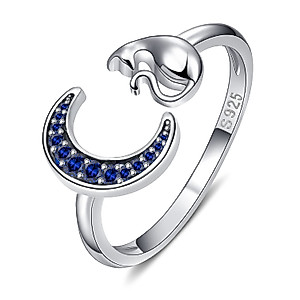 Adjustable Cat Moon Ring for Women: 925 Sterling Silver Cute Cats Rings Lovely Kitty Ring Blue Cubic Zirconia CZ Ring Finger Animal Open Bands Stackable Band Dainty Jewelry Birthday Gift for Teen Girl