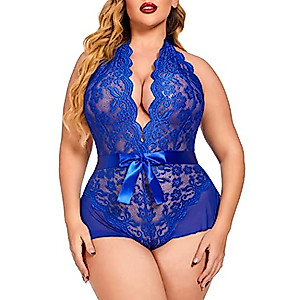 Avidlove Plus Size Lingerie for Women Halter Deep V Teddy Lace Bodysuit Babydoll Royal Blue 22 Plus